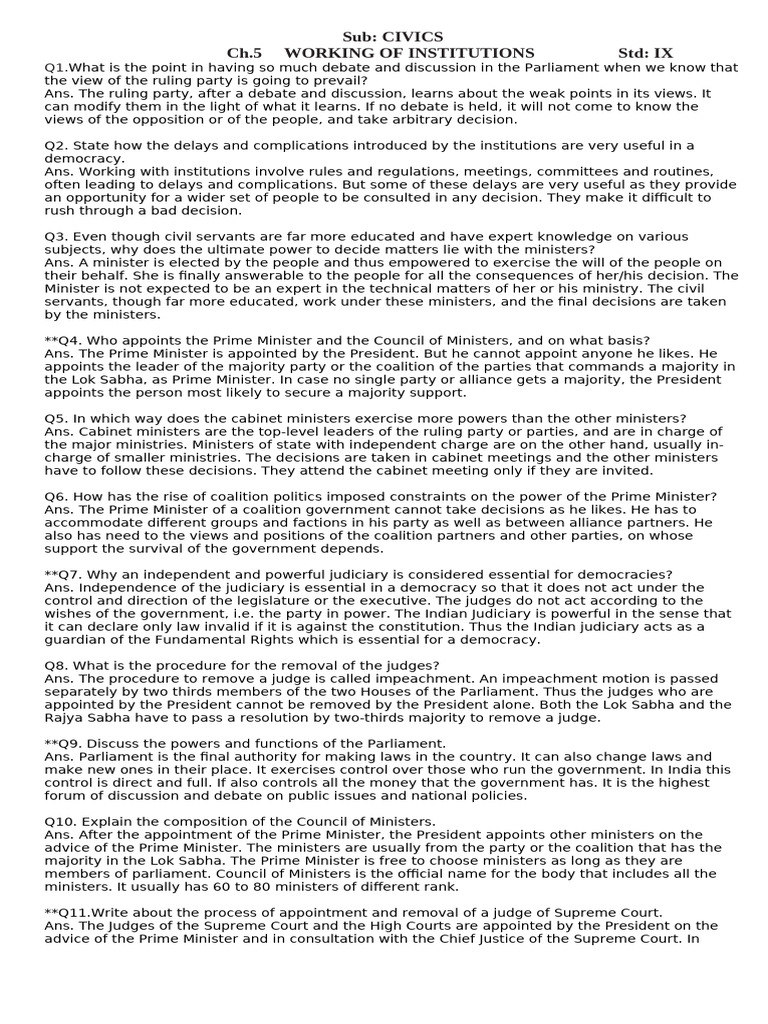 STD IX CIVICS NOTES CH.5 - WOrking of Institutions | PDF | Supreme ...