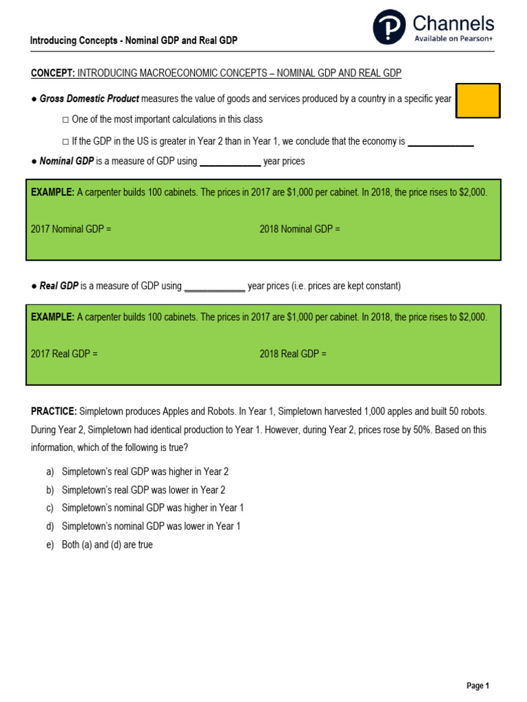 Introducing Concepts - Nominal GDP and Real GDP-worksheet | PDF