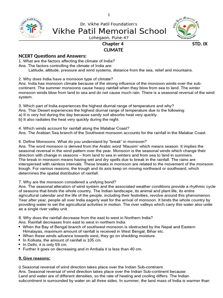 Geography Notes Chapter 4 STD 9th | PDF | Monsoon | Rain