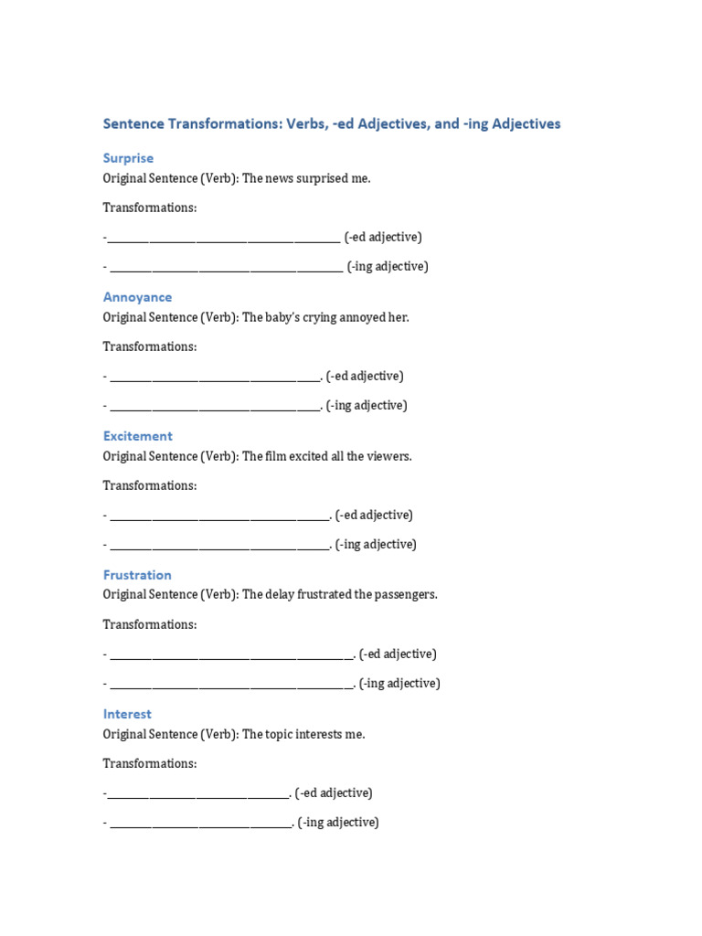 Sentence - Transformations - Verbs, - Ed & - Ing Adjectives | PDF