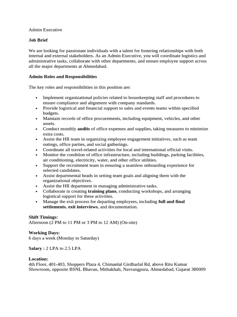 Admin Executive Job Description | PDF