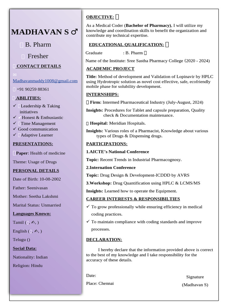 Madhavan Resume 20250101 | PDF | Pharmacy | Health Care