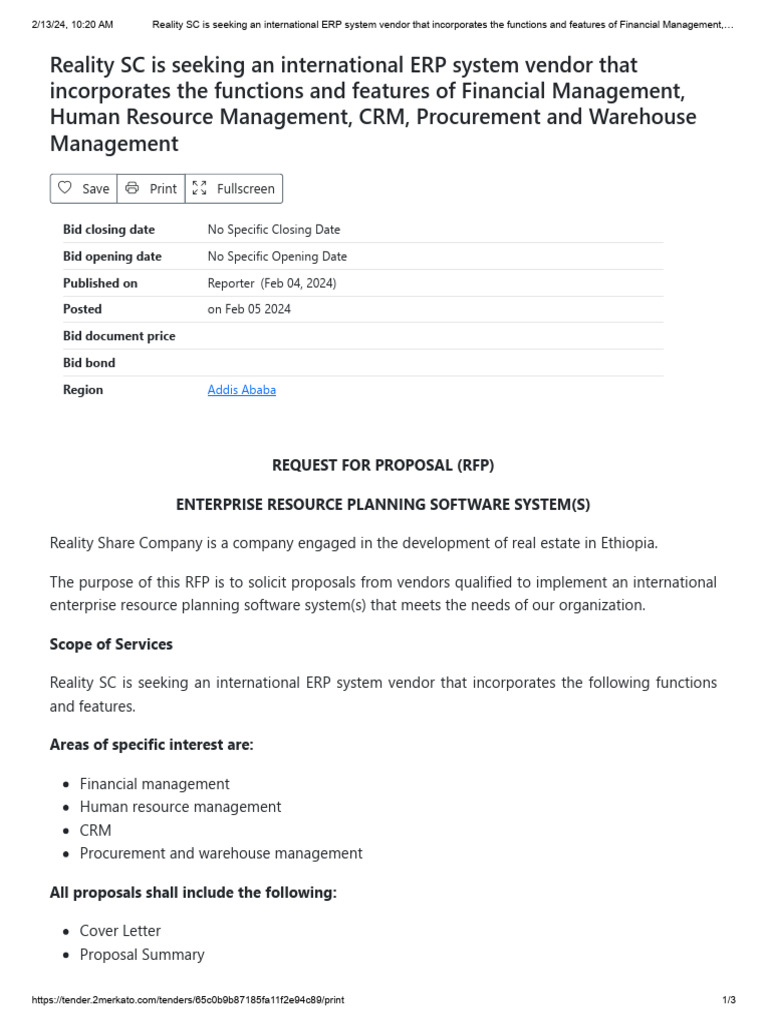 RFP for International ERP System Vendor | PDF | Enterprise Resource ...