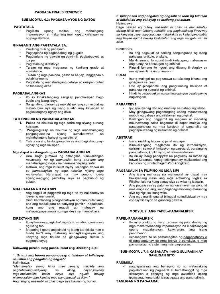 Pagbasa Finals Reviewer (Sub Modyul 6.3-Modyul 7) | PDF