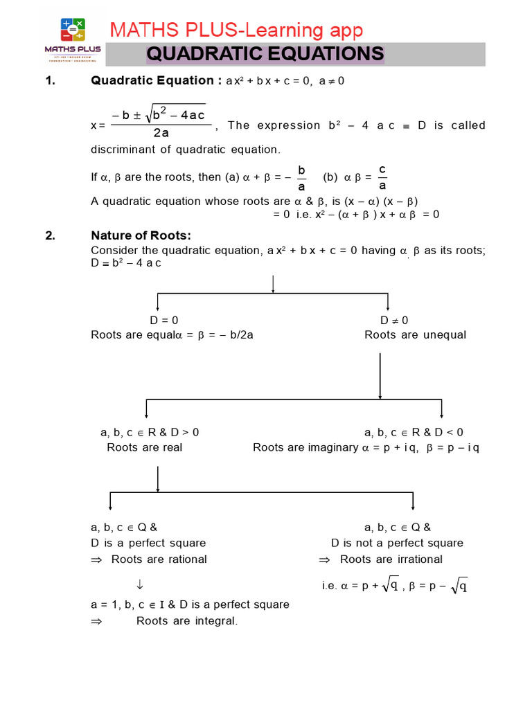 Sequence, Series, Quadratic Equations - Formula Sheet | PDF | Quadratic ...