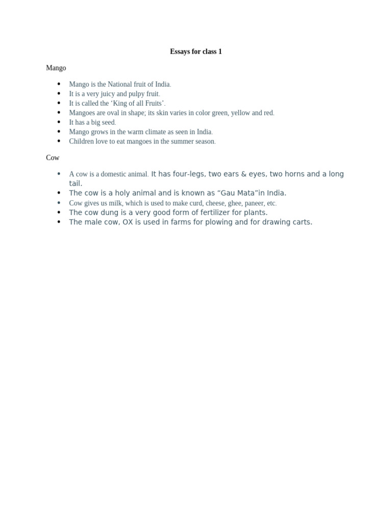 Mango and Cow: Essays for Class 1 | PDF