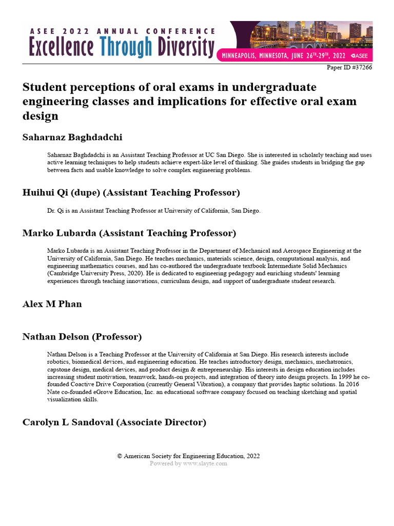 Student Perceptions of Oral Exams in Undergraduate Engineering Classes ...