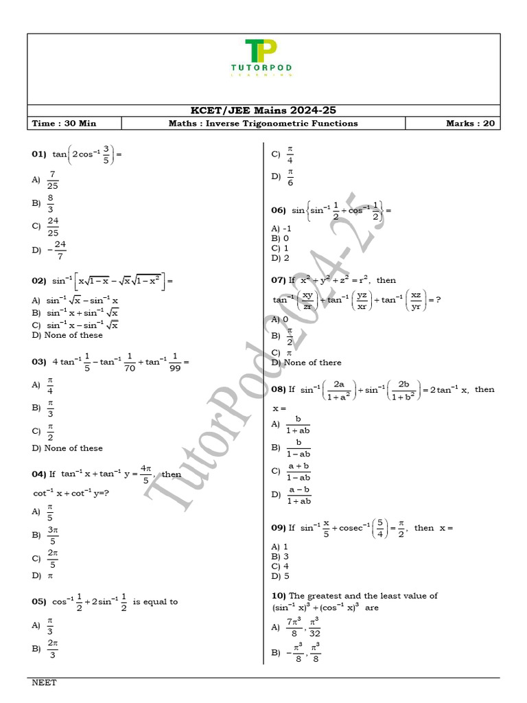 NEET Maths: Inverse Trigonometric Functions | PDF | Mathematical ...