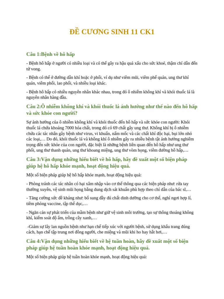 Đề Cương Sinh 11 Ck1 | PDF