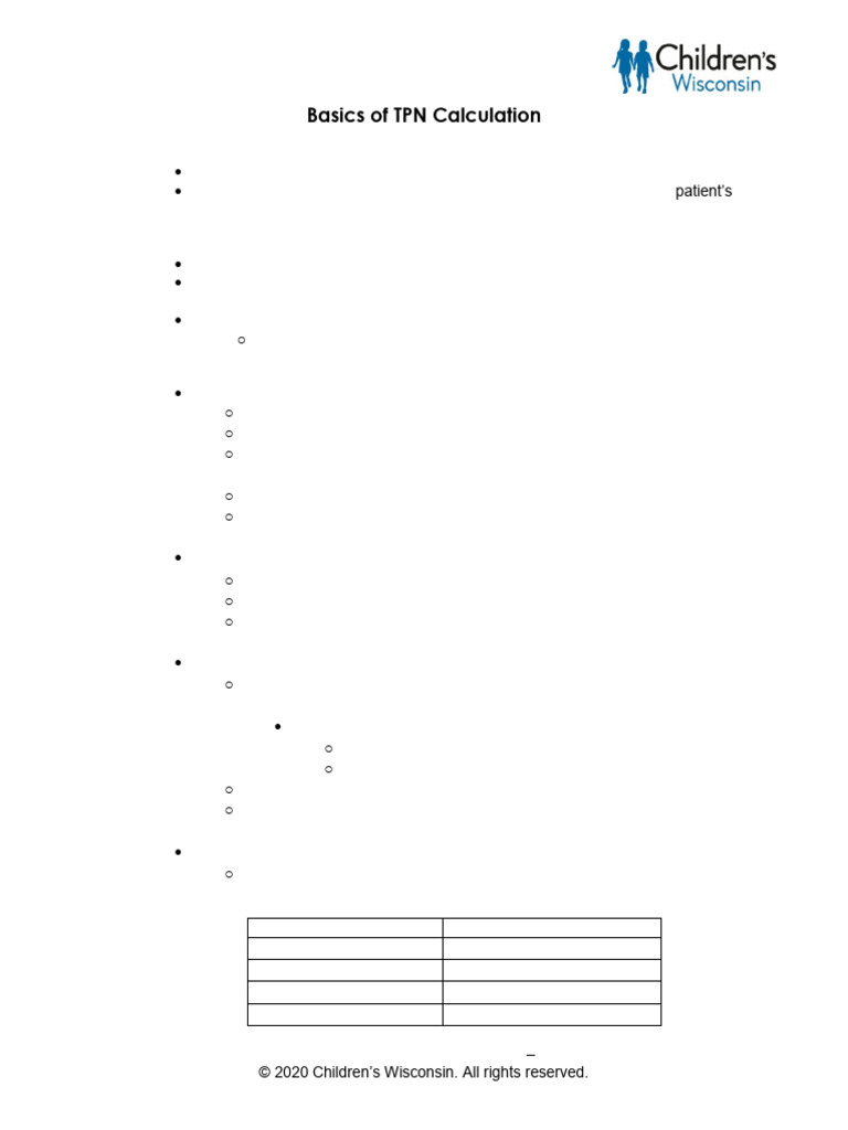 Basics of TPN Calculation | PDF | Calorie | Nutrition