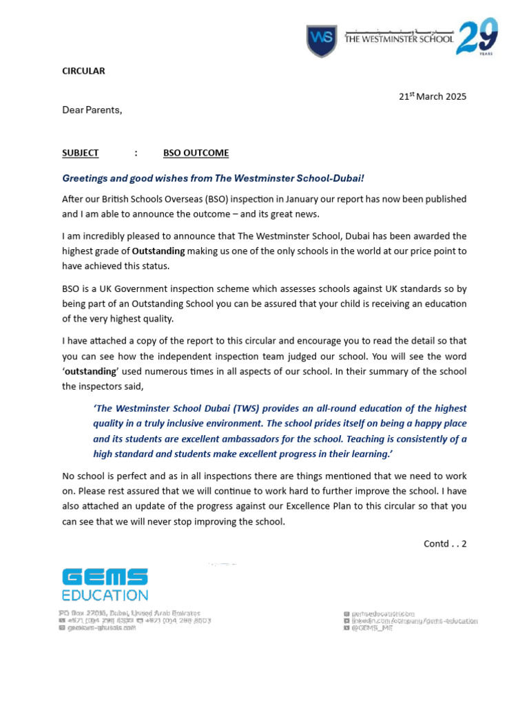 Circular To Parents - BSO Outcome | PDF