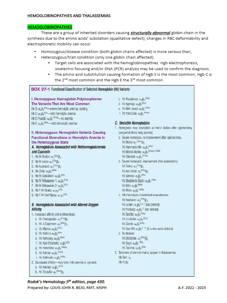 Hemoglobinopathies and Thalassemia Handouts | PDF | Anemia | Tissue ...