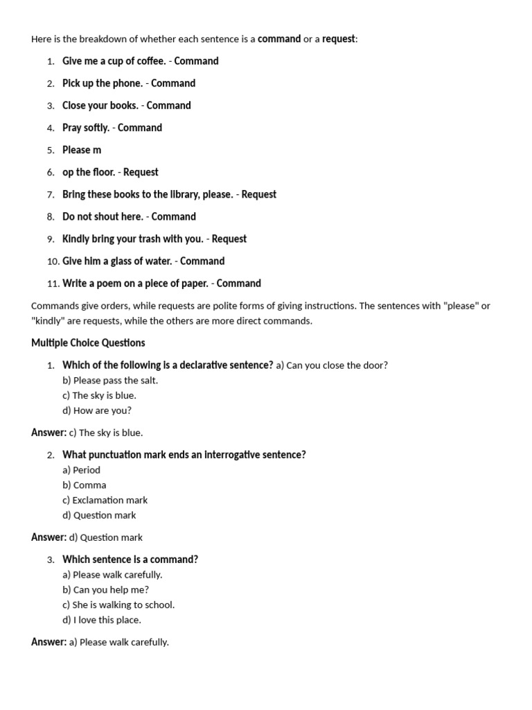 Imperative Sentence Command or Request Test | PDF | Sentence ...