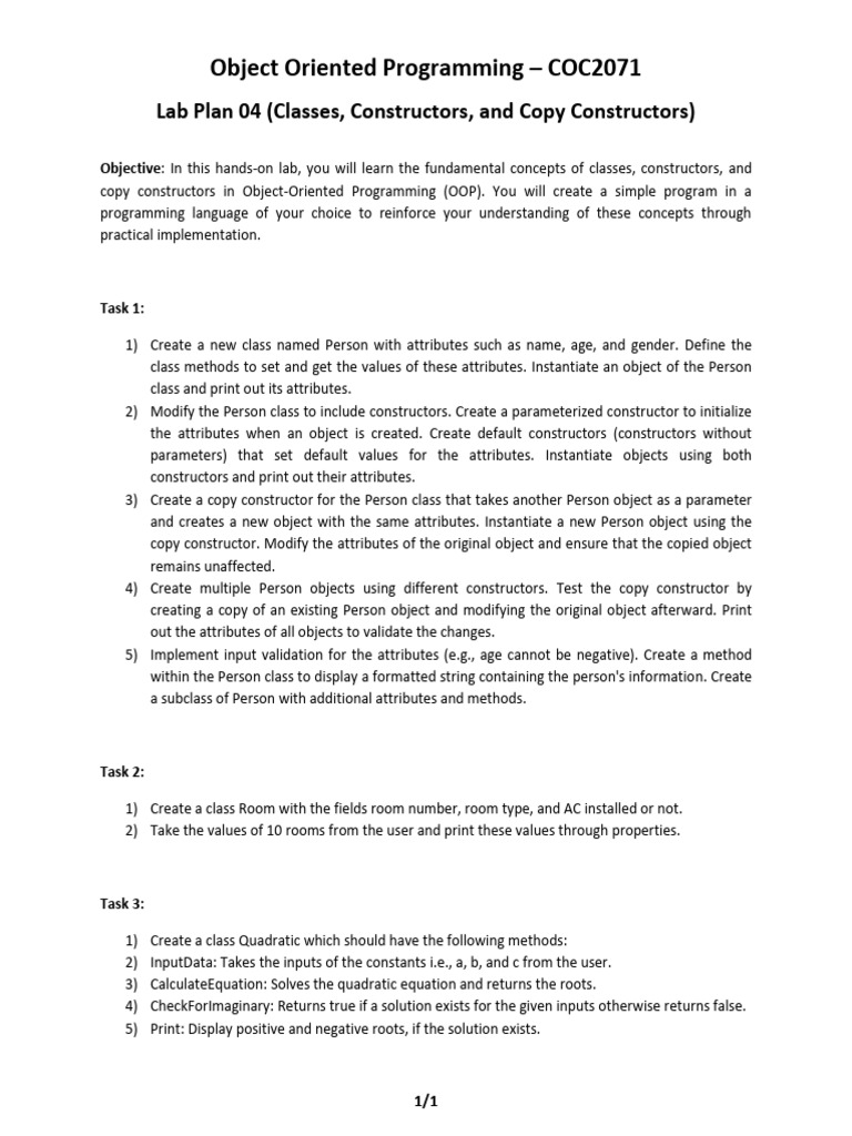 COC2071 - Lab Manual 04 (Classes, Constructors) | PDF | Constructor (Object Oriented Programming ...