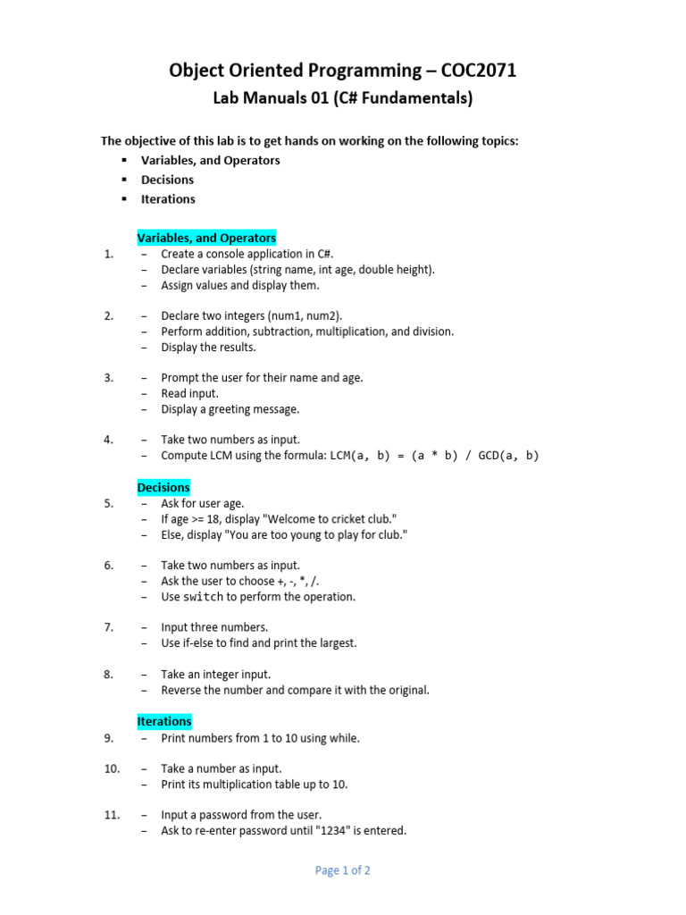 COC2071 - Lab Manuals 01 (C# Fundamentals) - 2 | PDF | Subtraction | C ...
