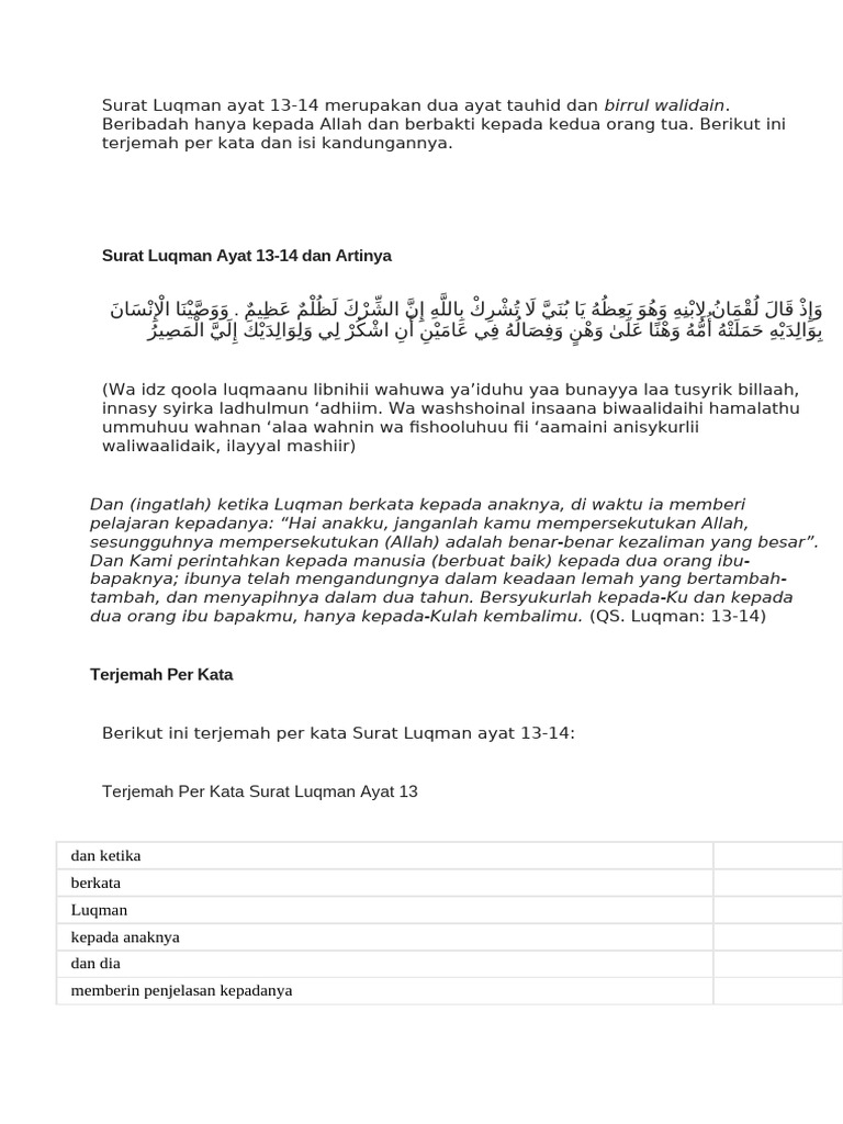 Surat Luqman Ayat 13 Dan 14 Terjemahan Per Suku Kata Dan Kandungan Isi | PDF