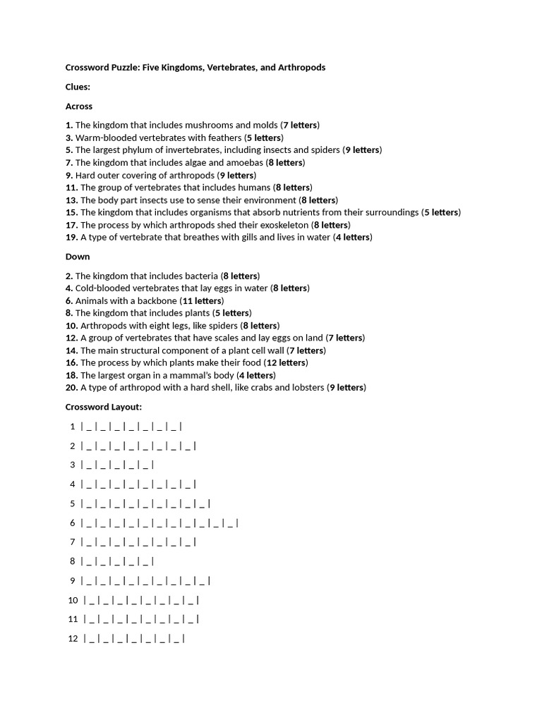 Crossword Puzzle - Kingdoms Vertebratres and Arthropods | PDF ...