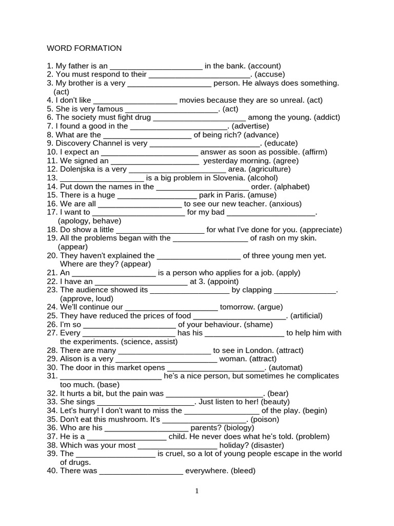 WORD FORMATION Exercises | PDF