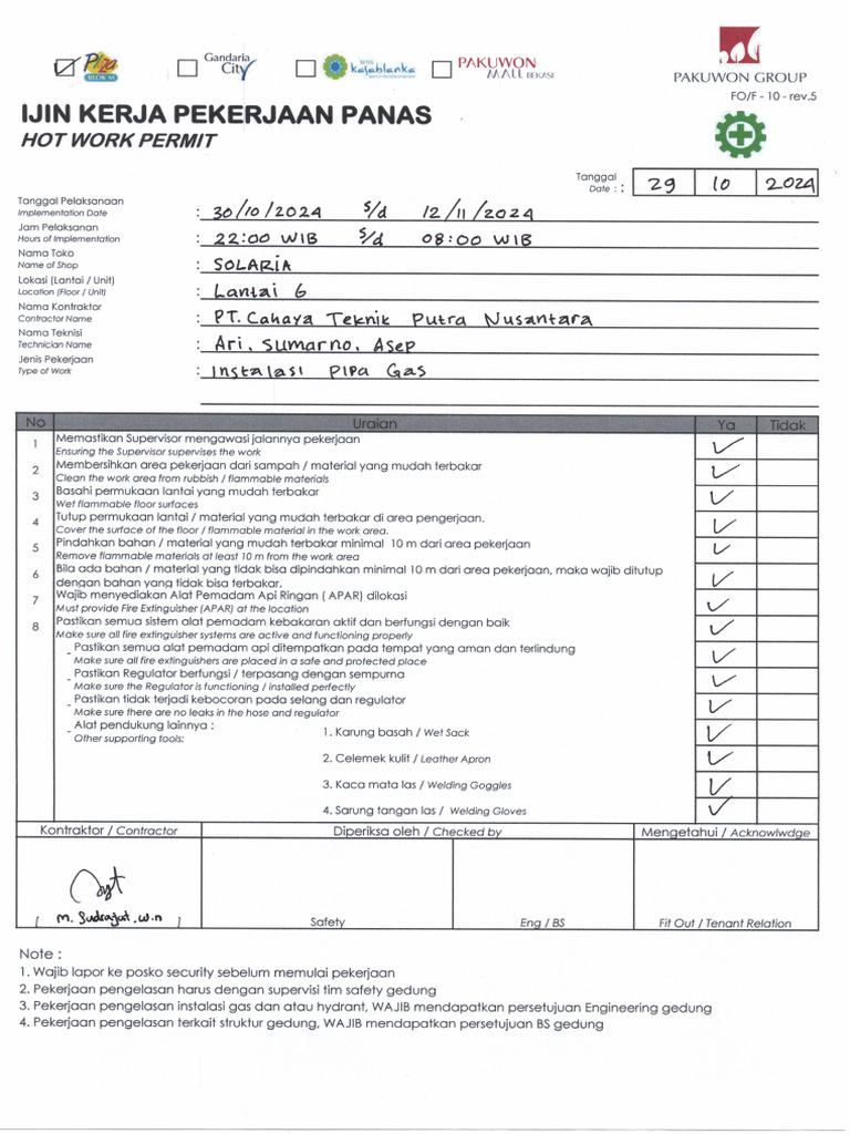Izin Kerja Panas Solaria | PDF