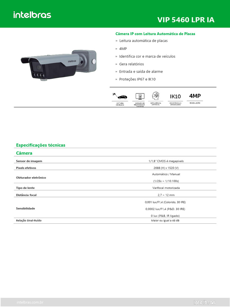 Datasheet - VIP 5460 LPR IA - Site | PDF | Câmera | Protocolo de ...