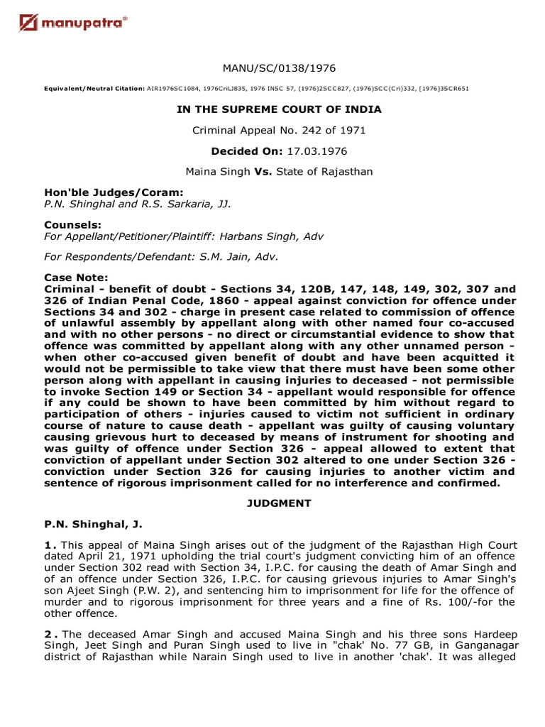 Maina Singh Vs State of Rajasthan 17031976 SCs760138COM999648 | PDF | Acquittal | Crime & Violence