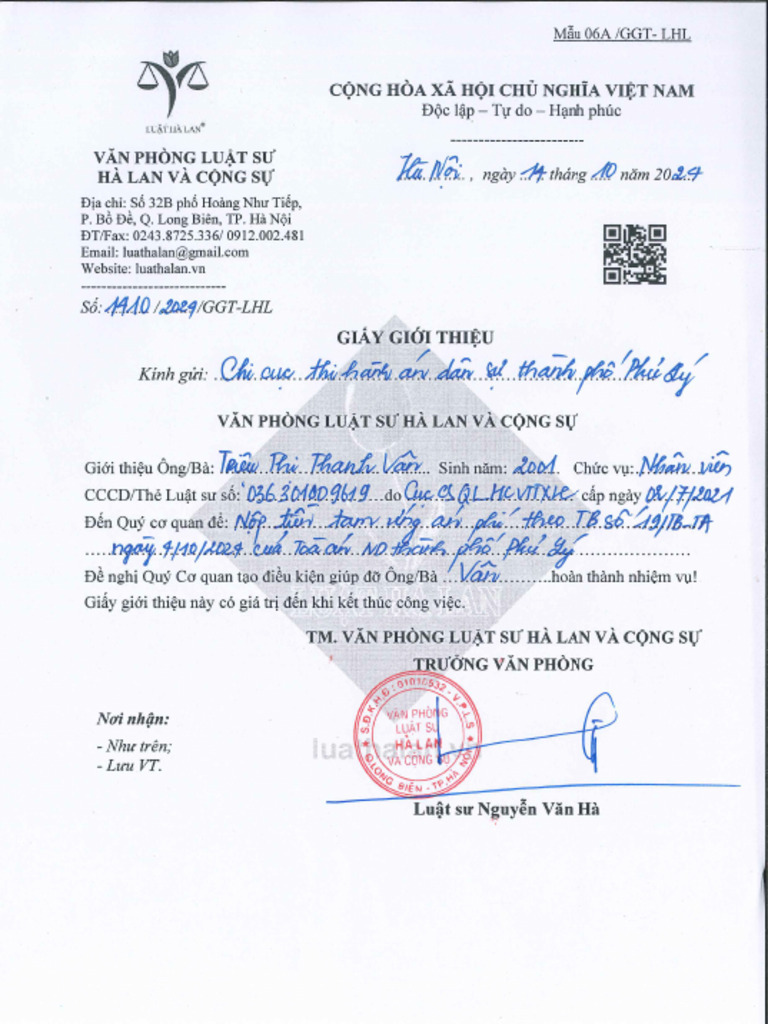 20241014 Giấy Giới Thiệu LHL | PDF