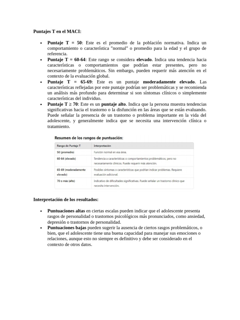 Interpretación de Puntajes T en el MACI | PDF