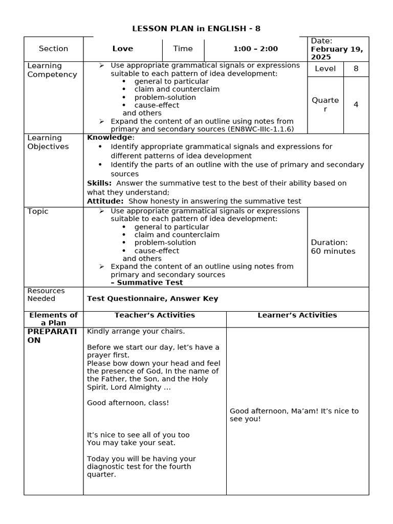 Lesson Plan for English 8 Summative Test | PDF | Learning | Human ...
