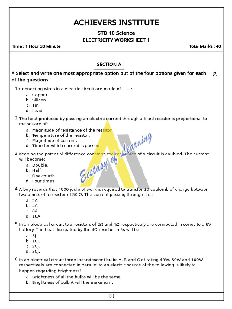 ELECTRICITY WORKSHEET 1 | PDF | Voltage | Electric Current