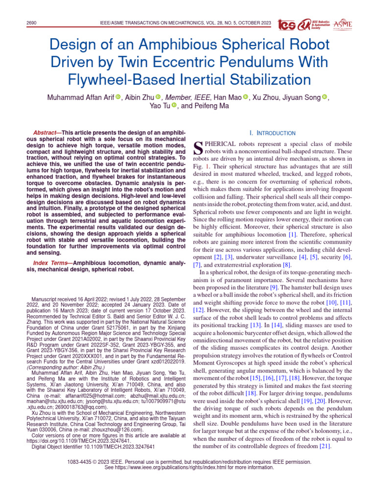 Design of An Amphibious Spherical Robot Driven by Twin Eccentric Pendulums With Flywheel-Based ...