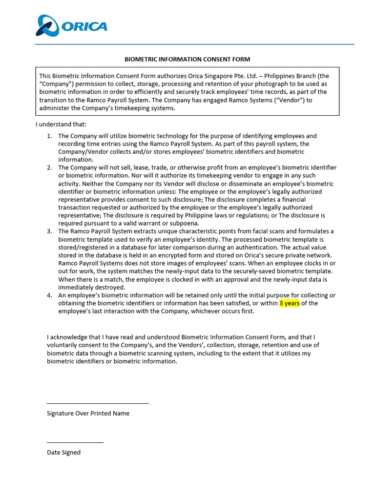 Biometric Information Consent Form | PDF | Biometrics | Privacy