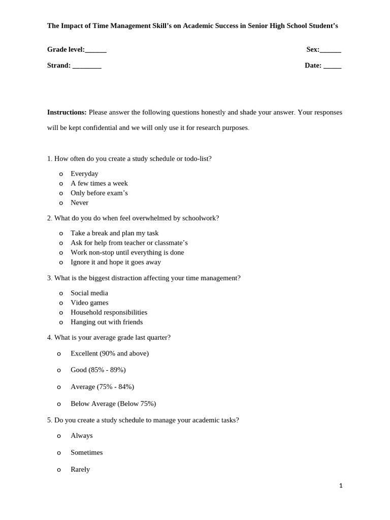 questionnaire (group 1) | PDF | Time Management | Professional Skills