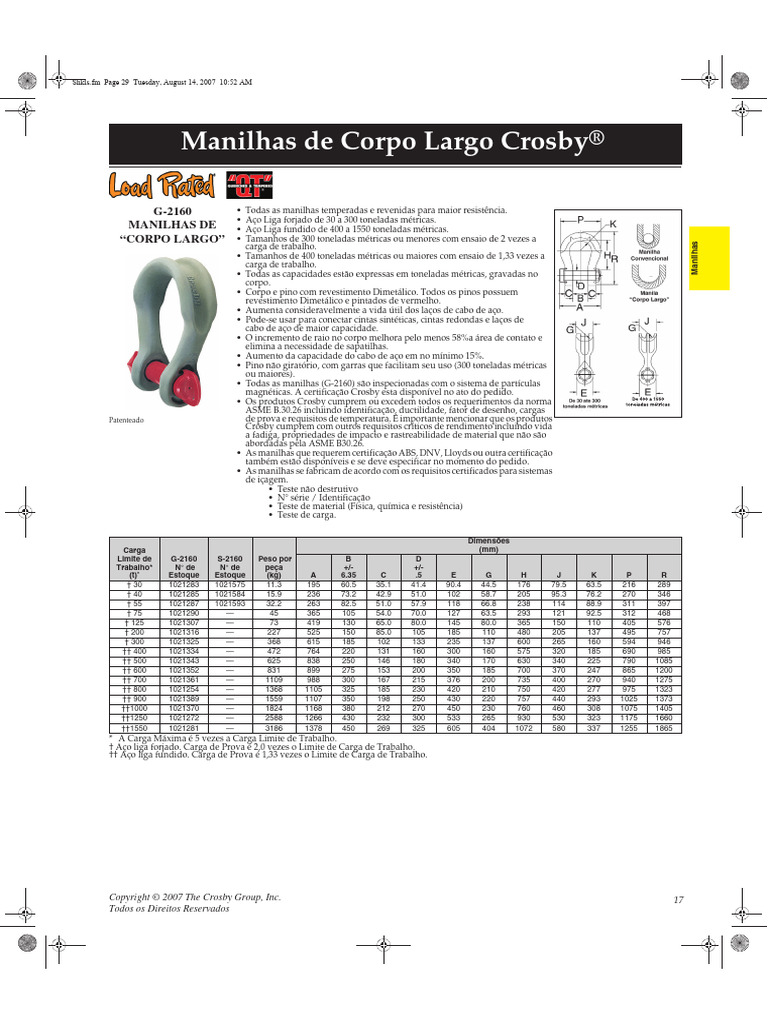 Manilhas Crosby Curva Larga | PDF | Materiais | Engenharia Mecânica