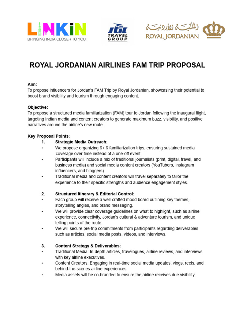Royal Jordanian Airlines FAM Trip Proposal | PDF