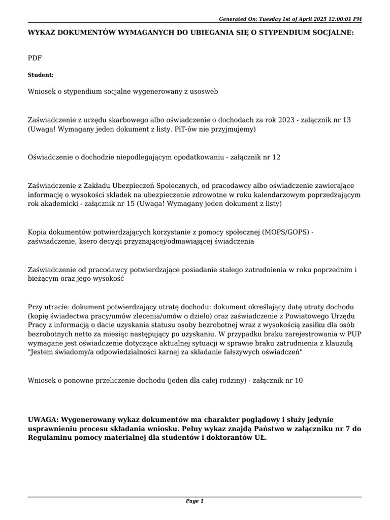 Wykaz - Stypendium Socjalne | PDF