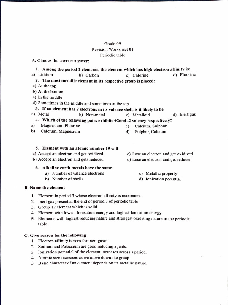Class 10 ICSE Periodic Table Worksheet | PDF | Periodic Table ...