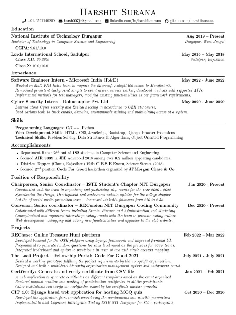 Harshit Surana Resume 23062022 | PDF | Web Development | Computer Programming