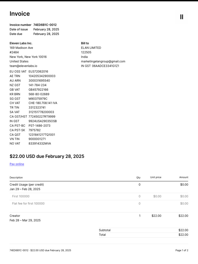 Eleven Labs Invoice EU372062016 | PDF