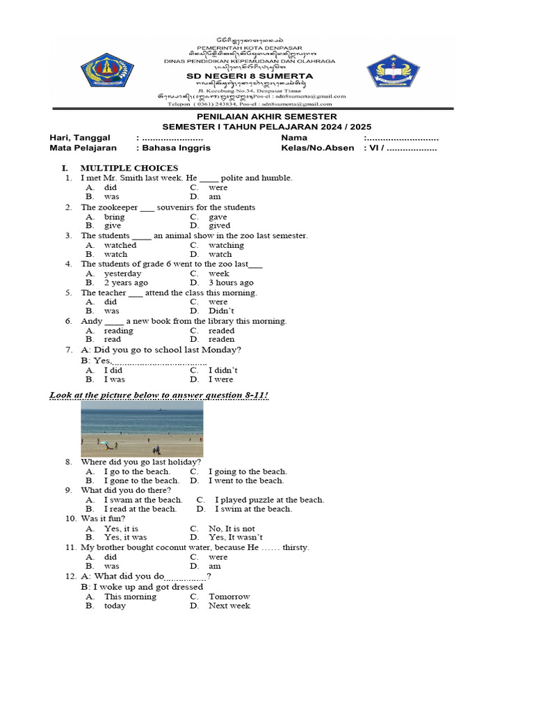 Soal Bahasa Inggris Kelas VI SD | PDF