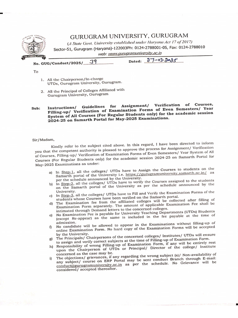 Instructions Guidelines for Assign & Verification of Courses, Filling up & verify Examination ...