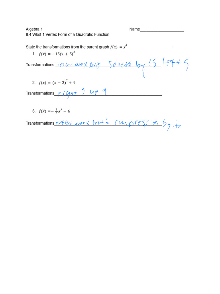 8.4 WKST 1 Vertex Form of A Quadratic Function | PDF