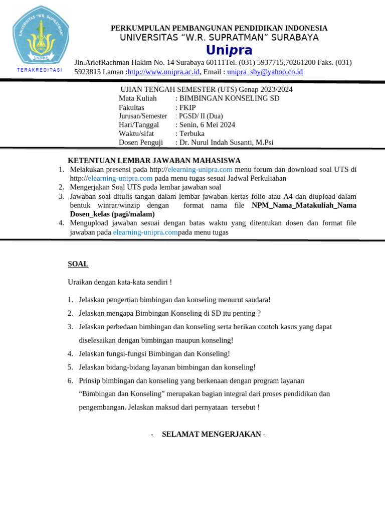 Format UTS Genap 2023-2024 (BK SD) | PDF
