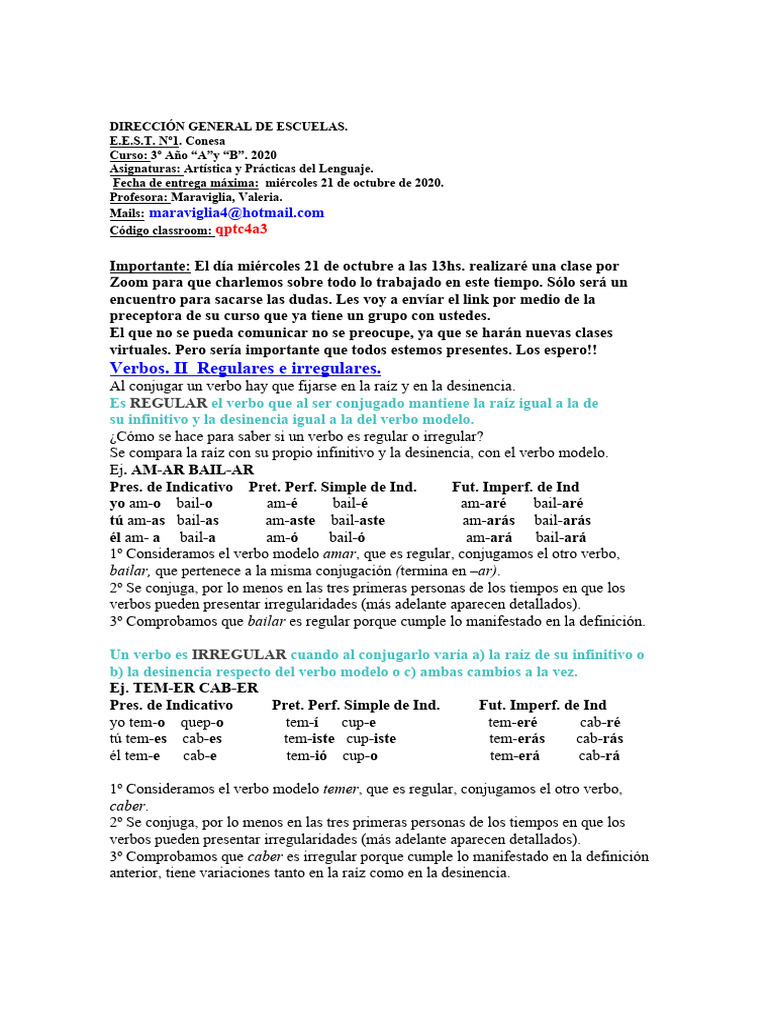 Verbos Regulares e Irregulares ( | PDF | Verbo | Morfología Lingüística