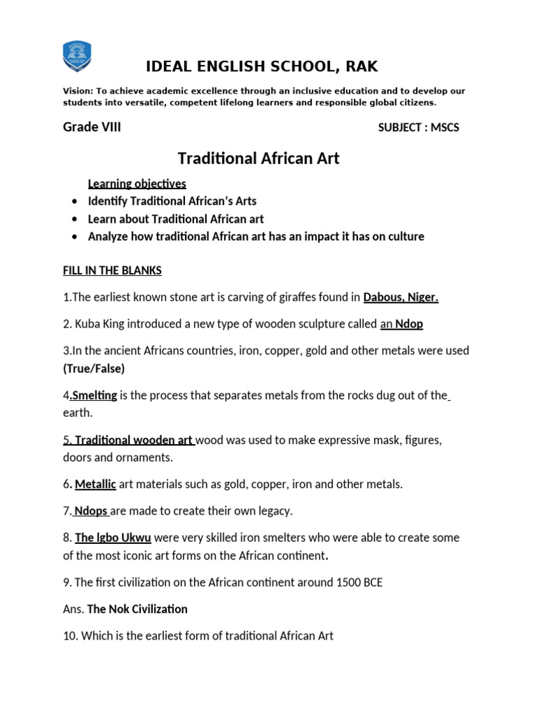 Uae SST 8 Note Traditional African Art | PDF