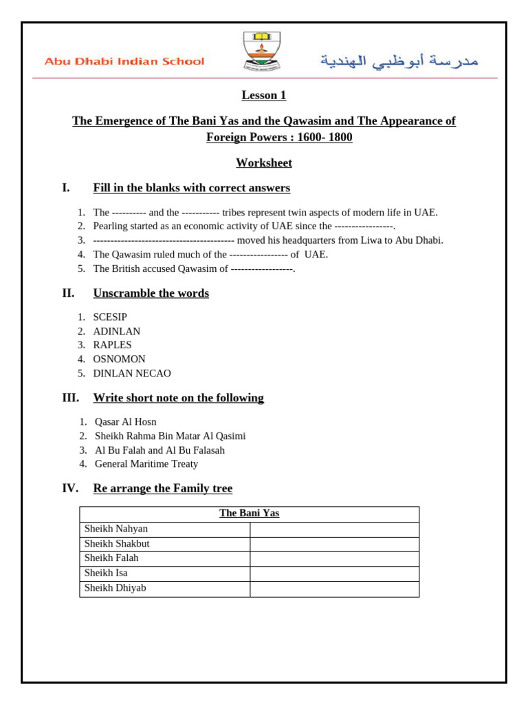 Worksheet - The Bani Yas and The Qawasim | PDF | United Arab Emirates
