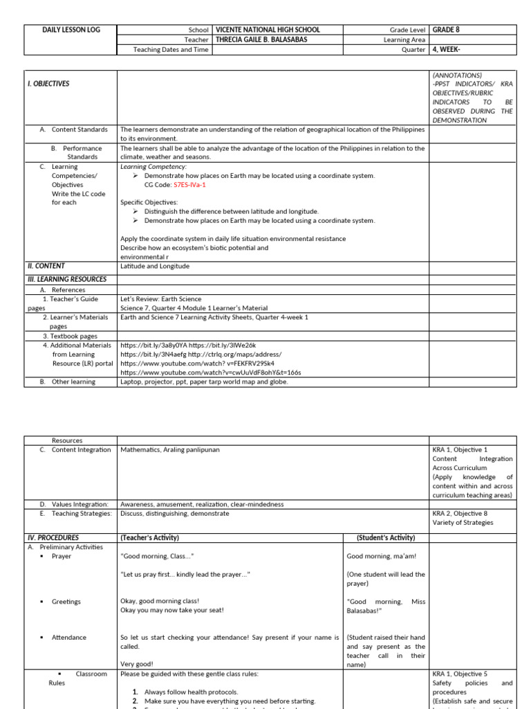 Lesson Plan LATITUDE AND LONGITUDE EDIT PA | PDF | Latitude | Longitude