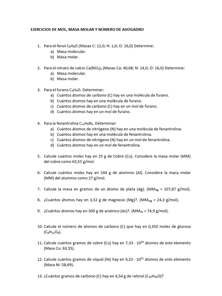 Ejercicios Ampliación Moles, Moléculas y Masas 1 | PDF | Mole (Unidad ...