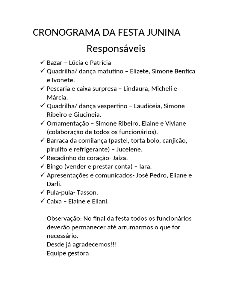 Cronograma Da Festa Junina | PDF