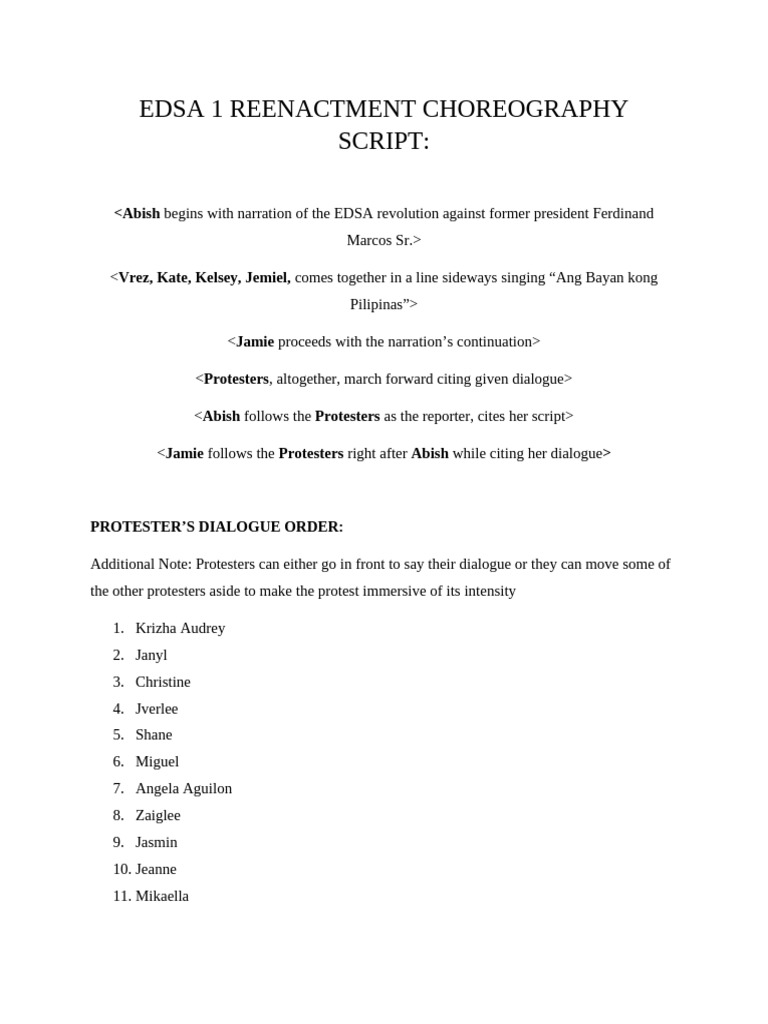 EDSA 1 Reenactment Choreography Script | PDF