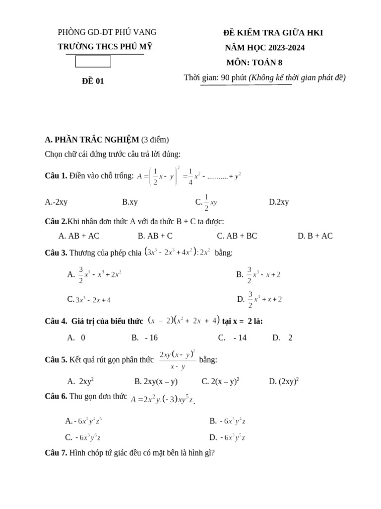 đề gkI toán 8 năm học 20222023,2023-2024 | PDF